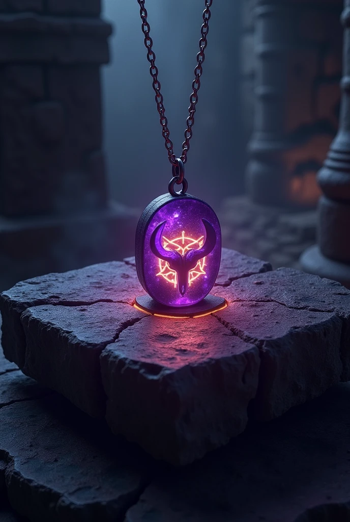 A small violet charm with a black devil emblem on it attached to a gold ...