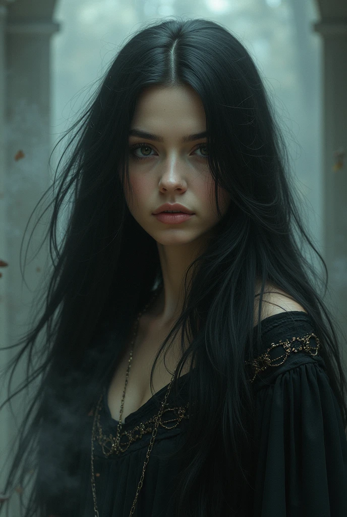 Portrait of Emb Rebecca with long black hair in the fog , cinematic ...