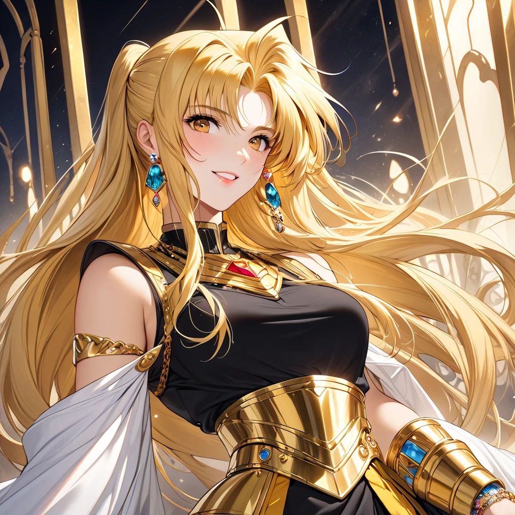 The woman is a happy, beautiful blonde Fate Testarossa, and is dressed ...