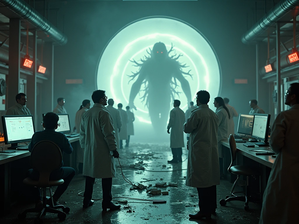 A group of terrified researchers in modern laboratory attire - SeaArt AI