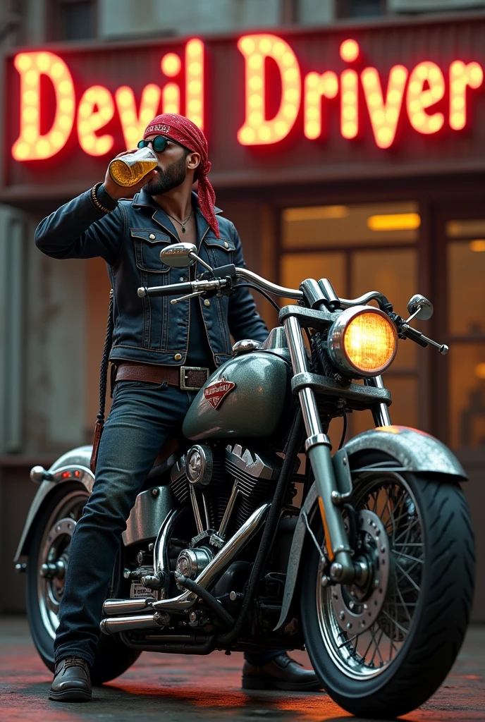 A biker in a red bandana drinks beer near a motorcycle in chrome in ...