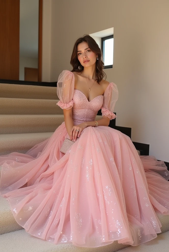 "Design an exquisite pink evening gown with a glittery finish - SeaArt AI