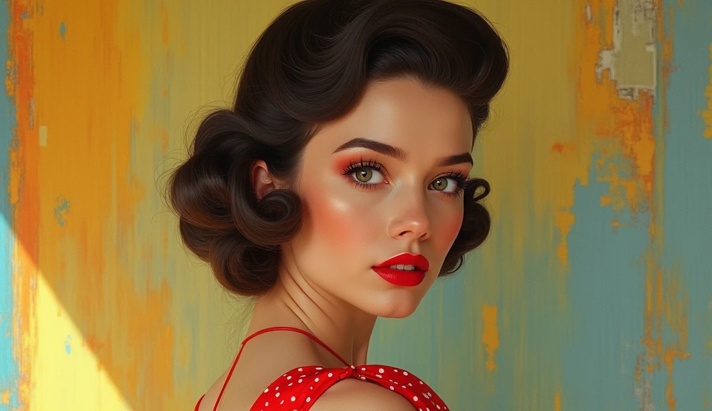 A young woman in a vintage-inspired dress, 50s hairstyle, retro makeup ...