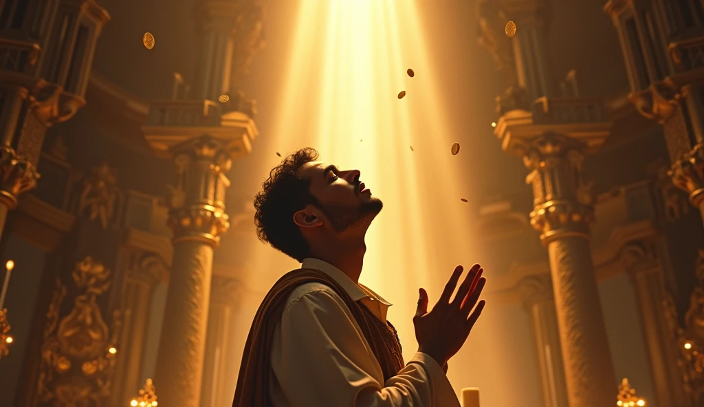 A close-up of a person in deep prayer, hands raised, a divine beam of ...