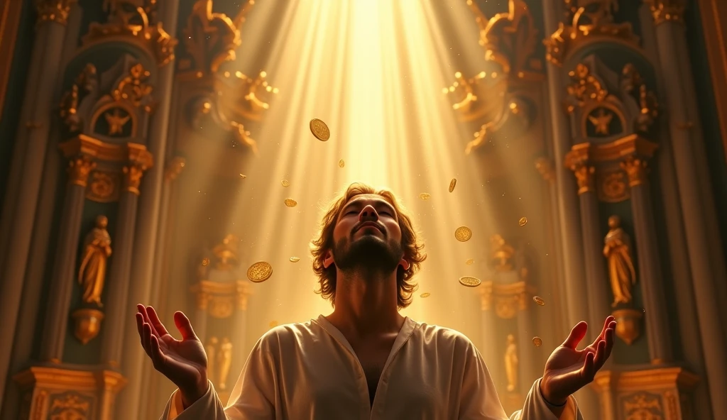 A close-up of a person in deep prayer, hands raised, a divine beam of ...