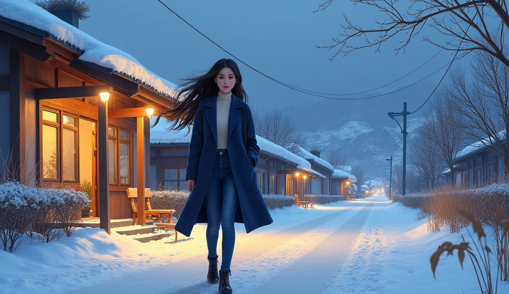 A scene where Hwang Rainforest walks from afar to a winter teahouse ...