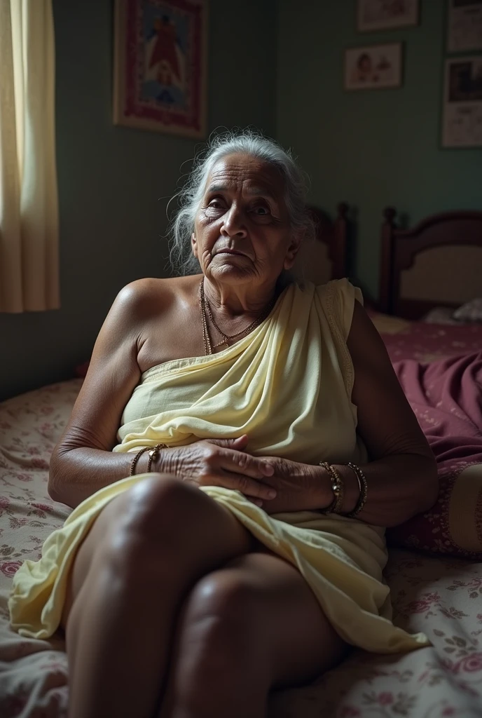 Desi indian mother in law in sleevless nighty in bed showing her hairy armpit an - SeaArt AI