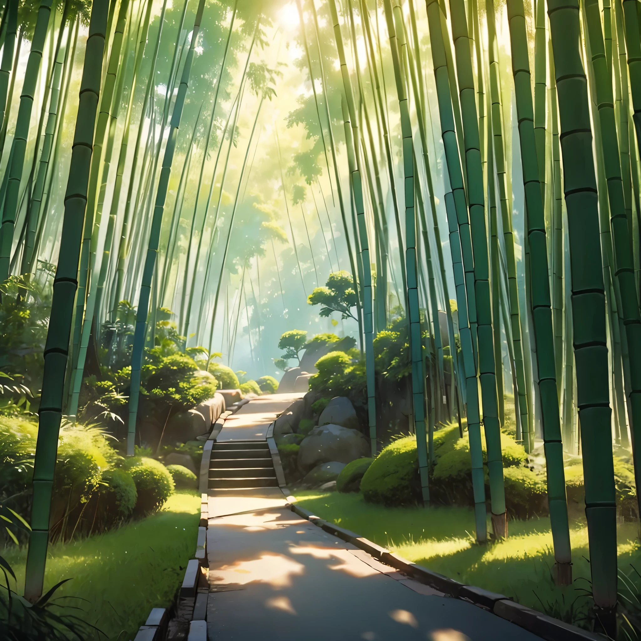 There is a pathway that leads to a bamboo forest with steps - SeaArt AI