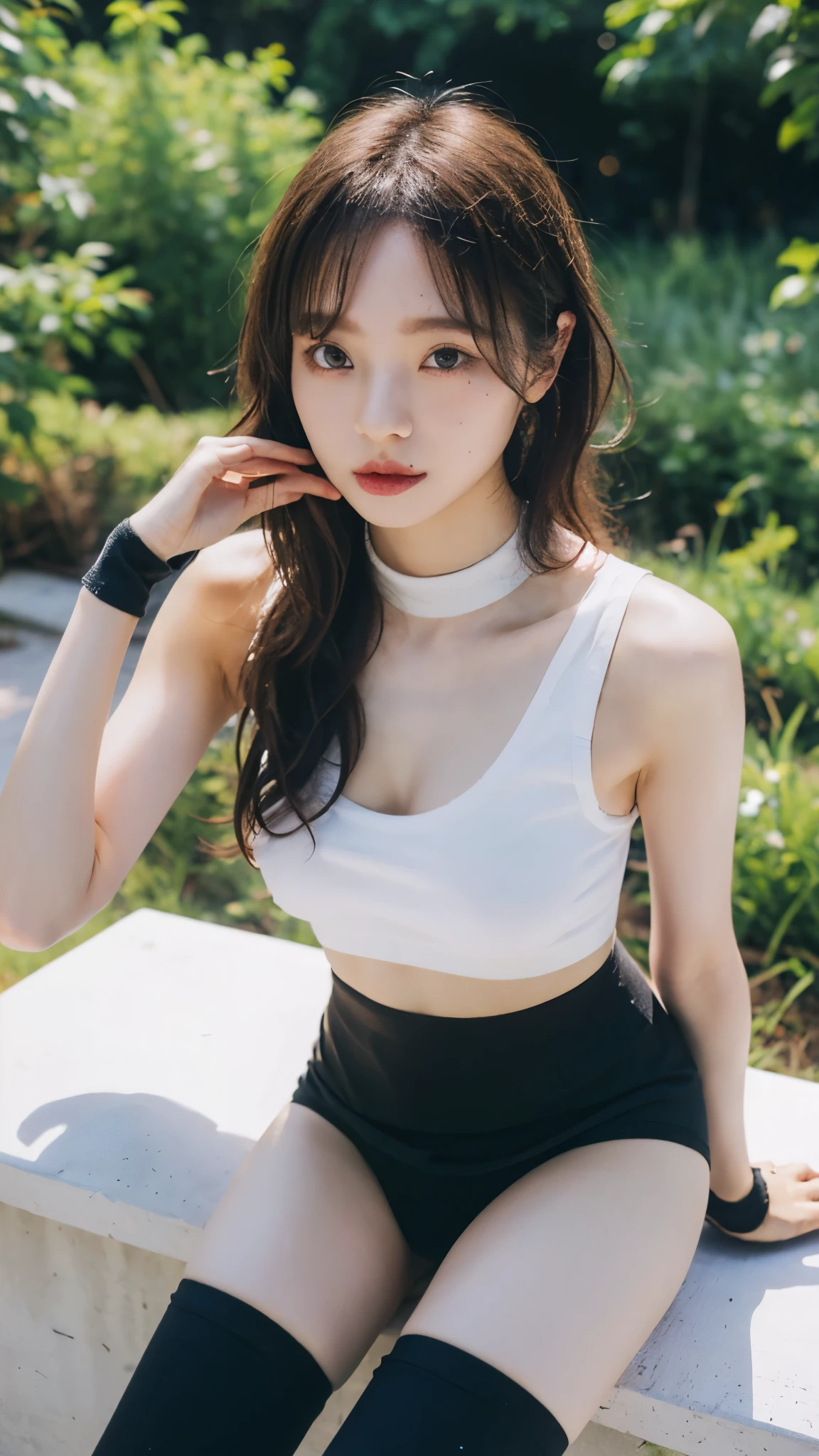 Araffe asian woman in a white top and black shorts sitting on a bench - SeaArt AI