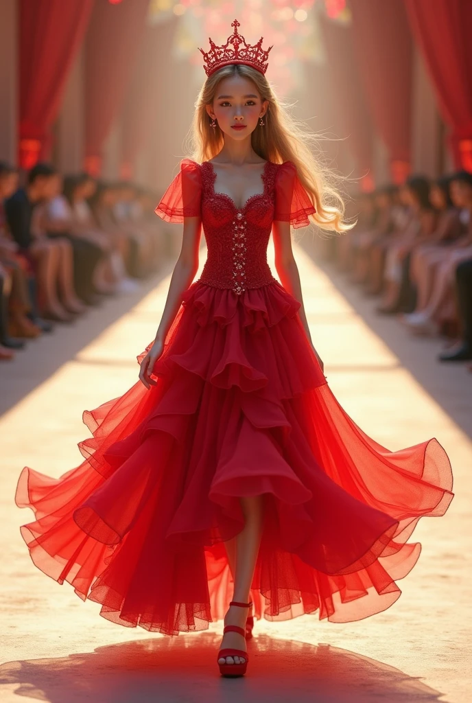 Cute human girl in princess red dress with red crown walking on ramp ...