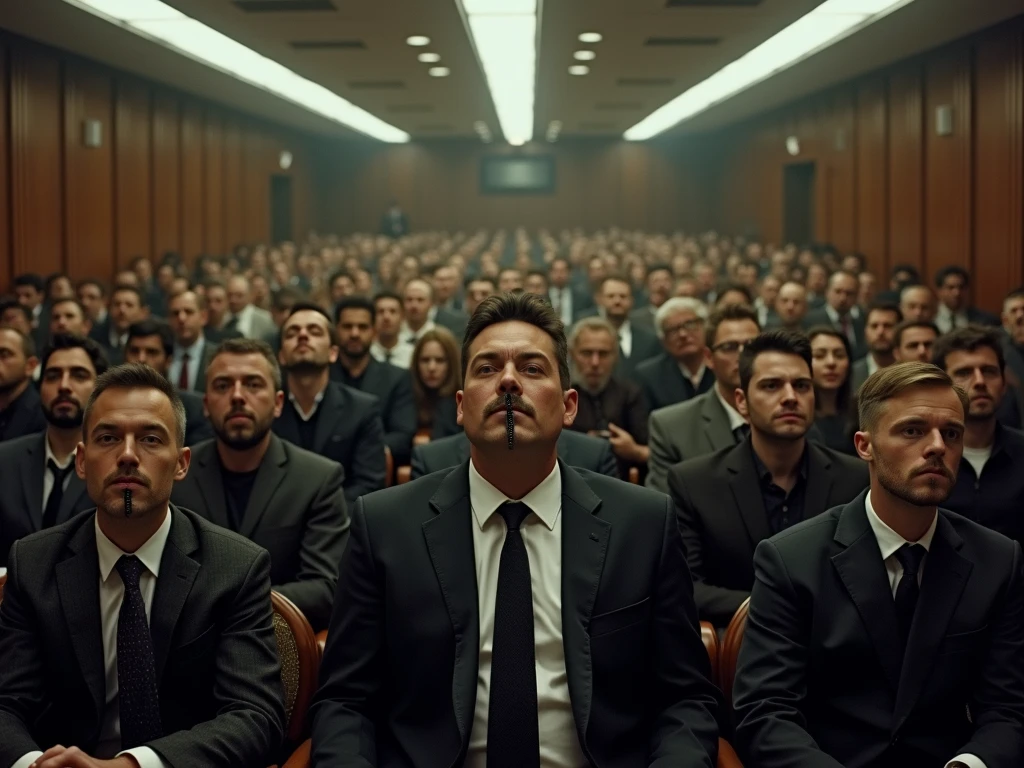 "A large, brightly lit room filled with an audience of 100 people ...