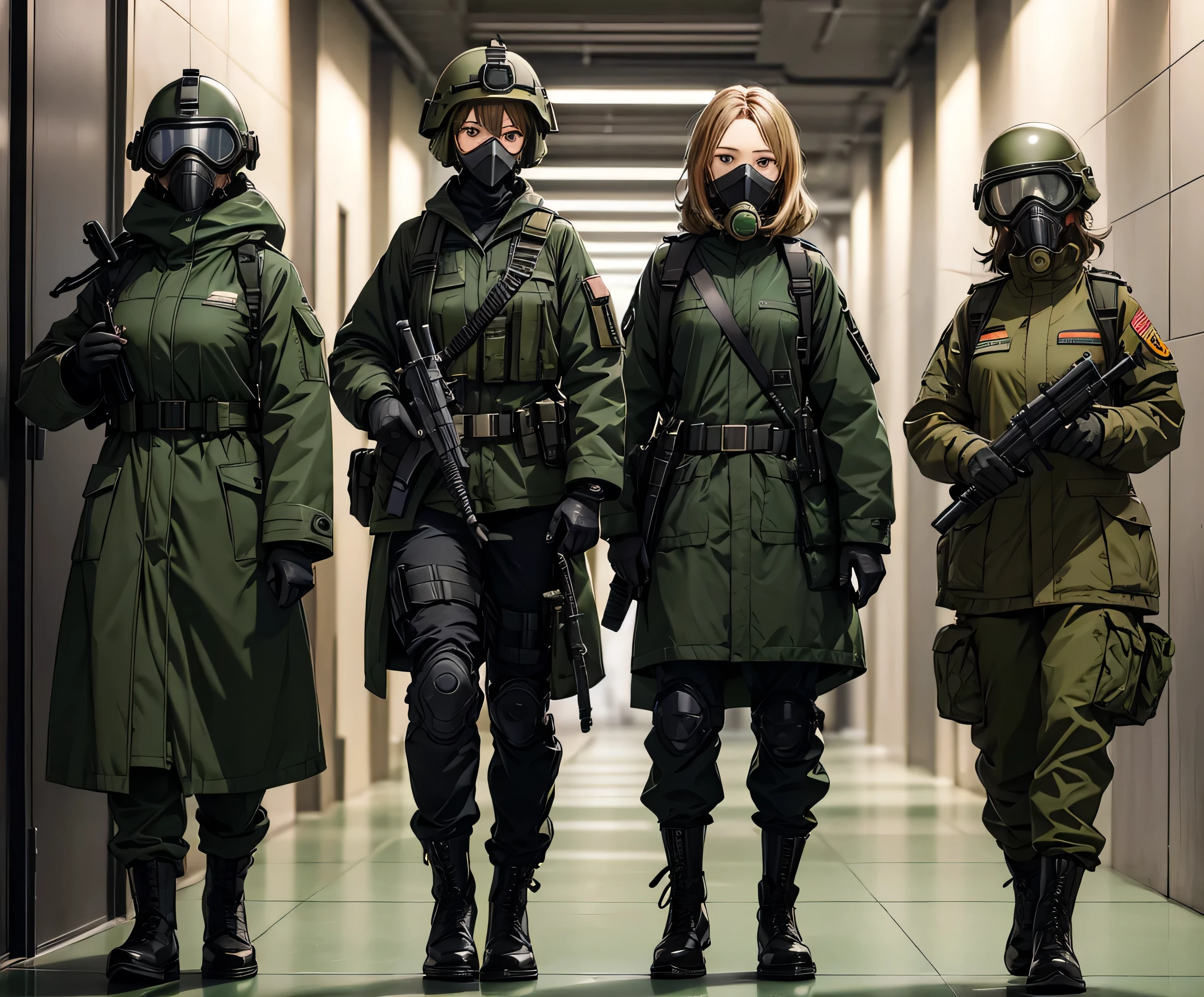 Three people in military uniforms walking down a hallway - SeaArt AI