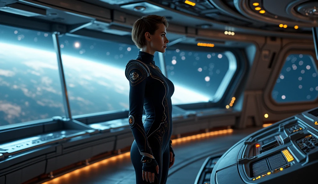 Female captain on the spaceship bridge , tight black uniform with ...