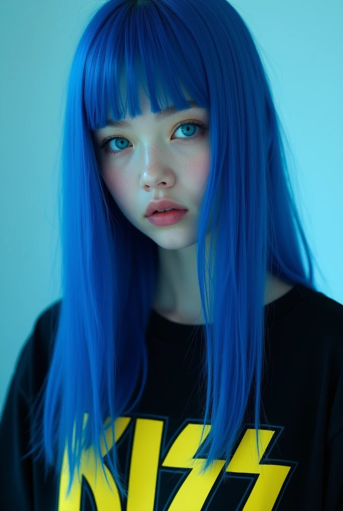 girl, long straight completely blue colored hair , she wears a long ...