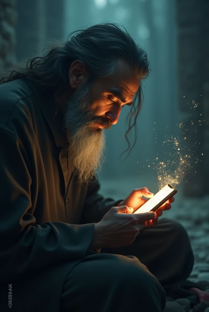 A picture of a young poet with a white beard and long black hair ...