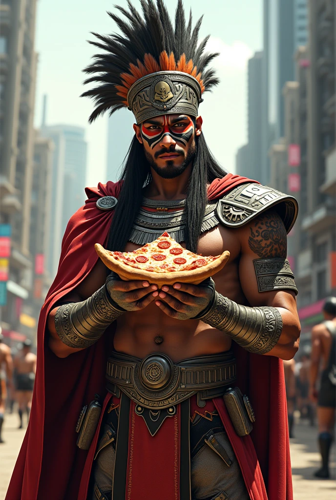 Modern Aztec soldier eating a slice of pizza - SeaArt AI