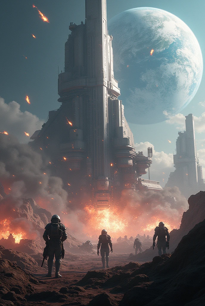 A space base under attack, earth in background, futuristic architecture ...