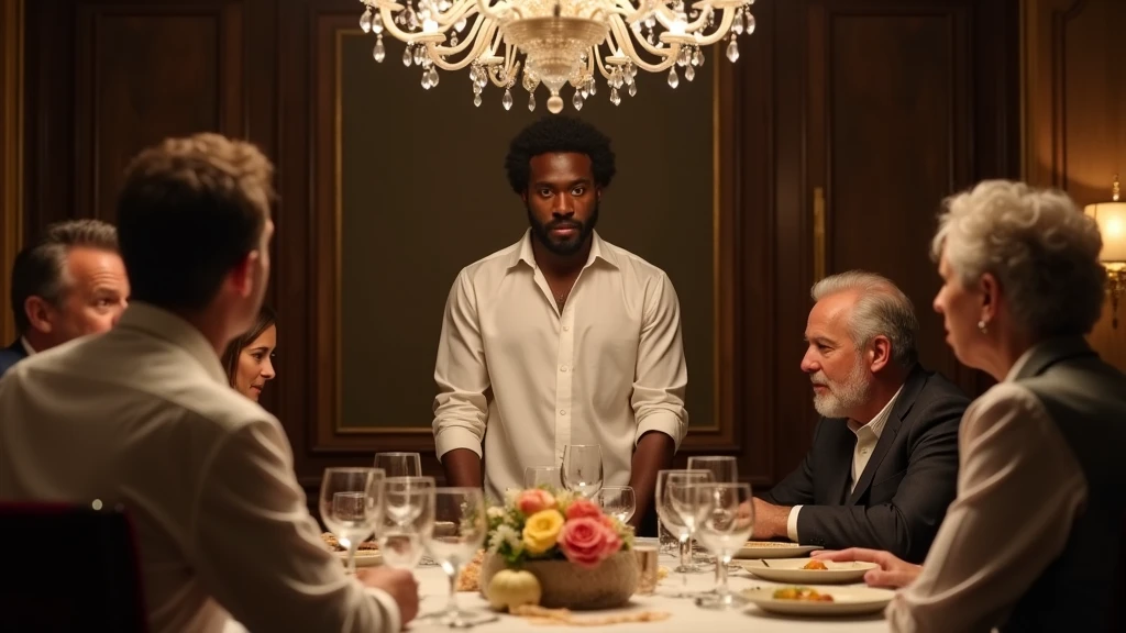 A dramatic dinner scene in an elegant dining room. A 25 year old black ...