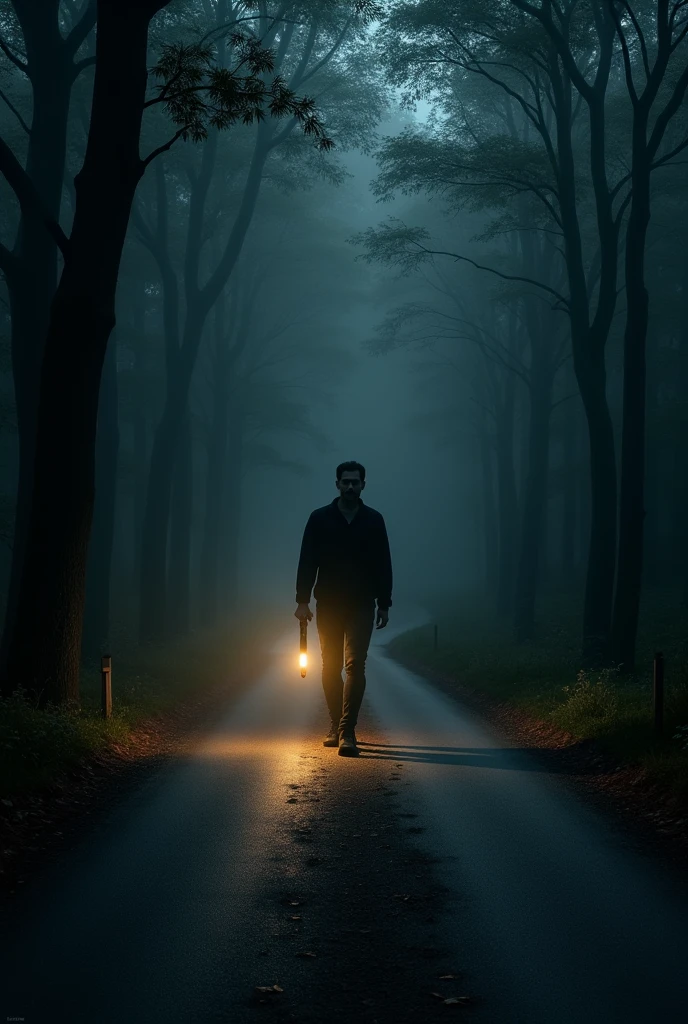 A guy walking in a dark road using a bamboo flashlight to light up the ...