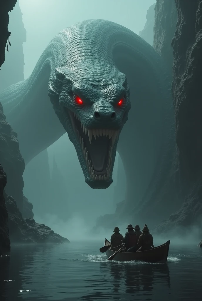 The snake rising out of murky water, towering over tiny explorers in a ...