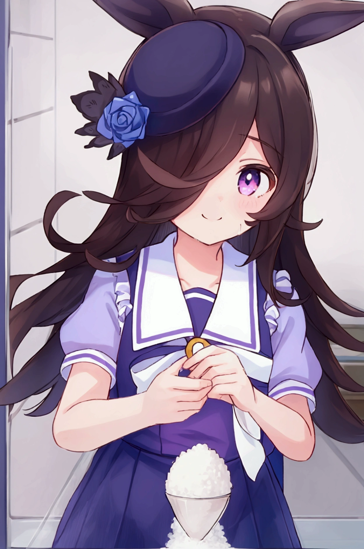Girl,umamusume,rice shower,smile,hat,navy dress - SeaArt AI