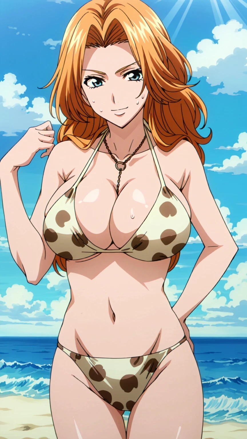 A woman in a bikini standing on a beach next to the ocean（matsumoto rangiku) - SeaArt AI
