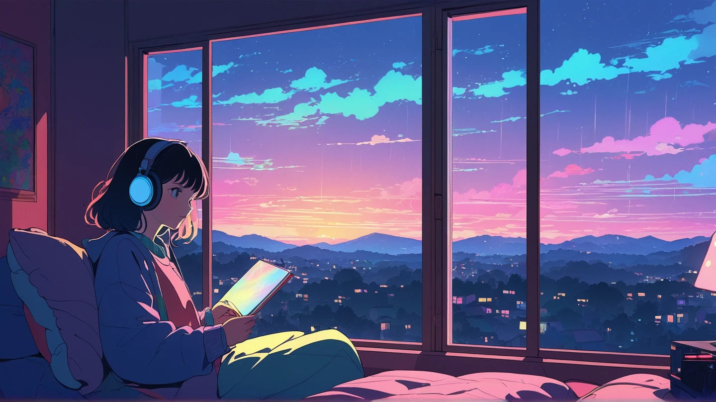 anime aesthetic, lo-fi art style, low fiber optic color by the window ...