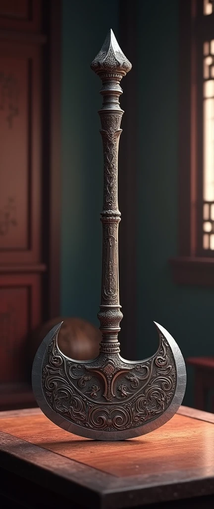 Chinese magic axe placed on the table. Ancient Chinese atmosphere ...