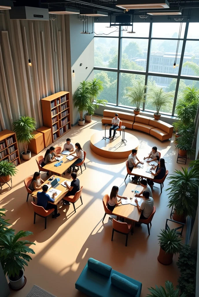 A modern 65m² collaborative space for students and tutors, showing ...
