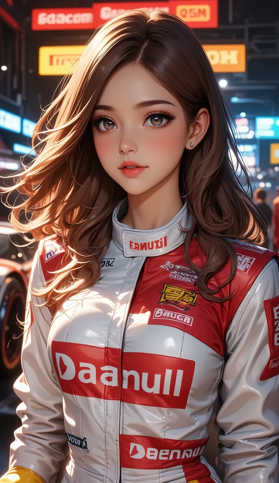 A close up of a woman in a racing suit standing in front of a car ...