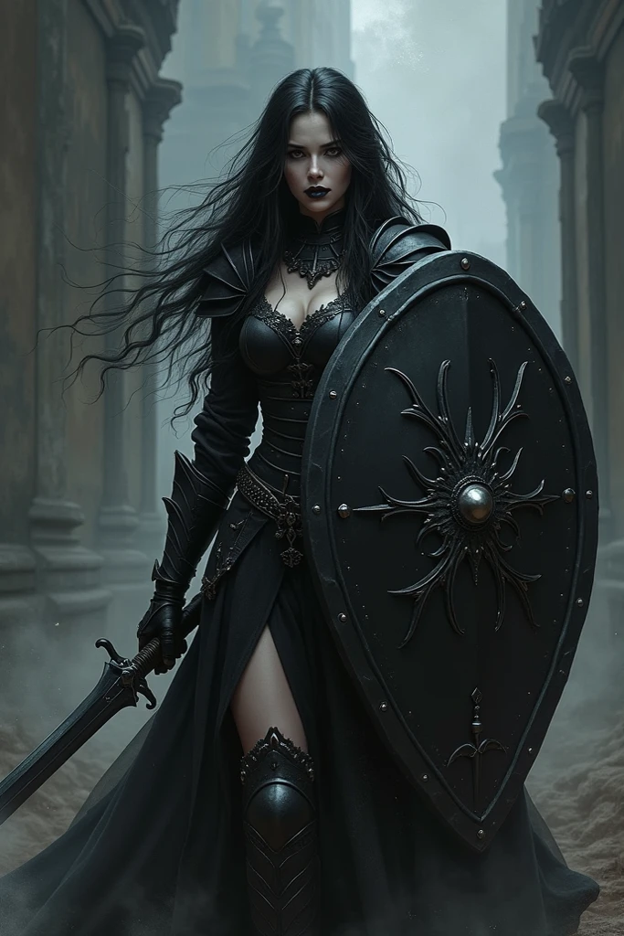 Goth warrior woman. Beautiful. Anime style. Holding big shield and ...