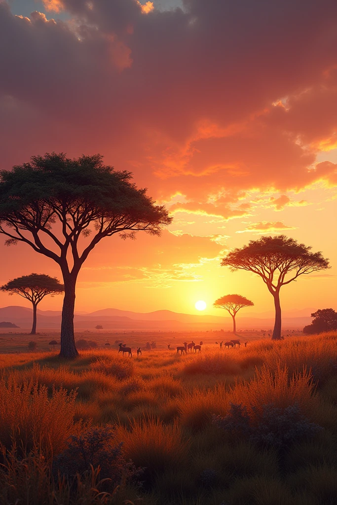 Panoramic view of the African savannah at dusk . A light wind sweeps ...