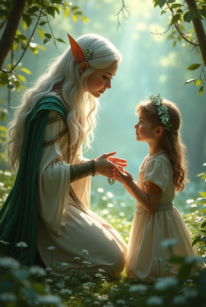 Long silver-haired nymph , green eyes dressed as a hunter , kneeling in ...