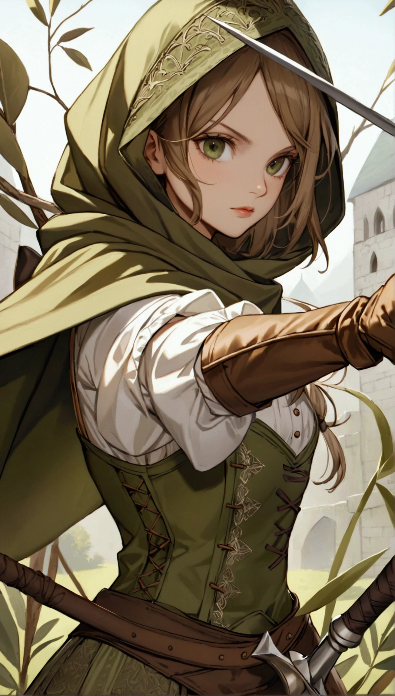 Huntress girl light brown hair, wearing an olive green asymmetrical ...