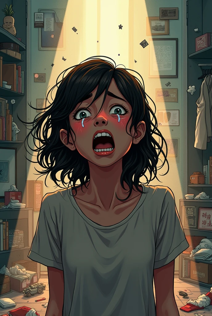 Create a detailed illustration of a young adult crying uncontrollably ...