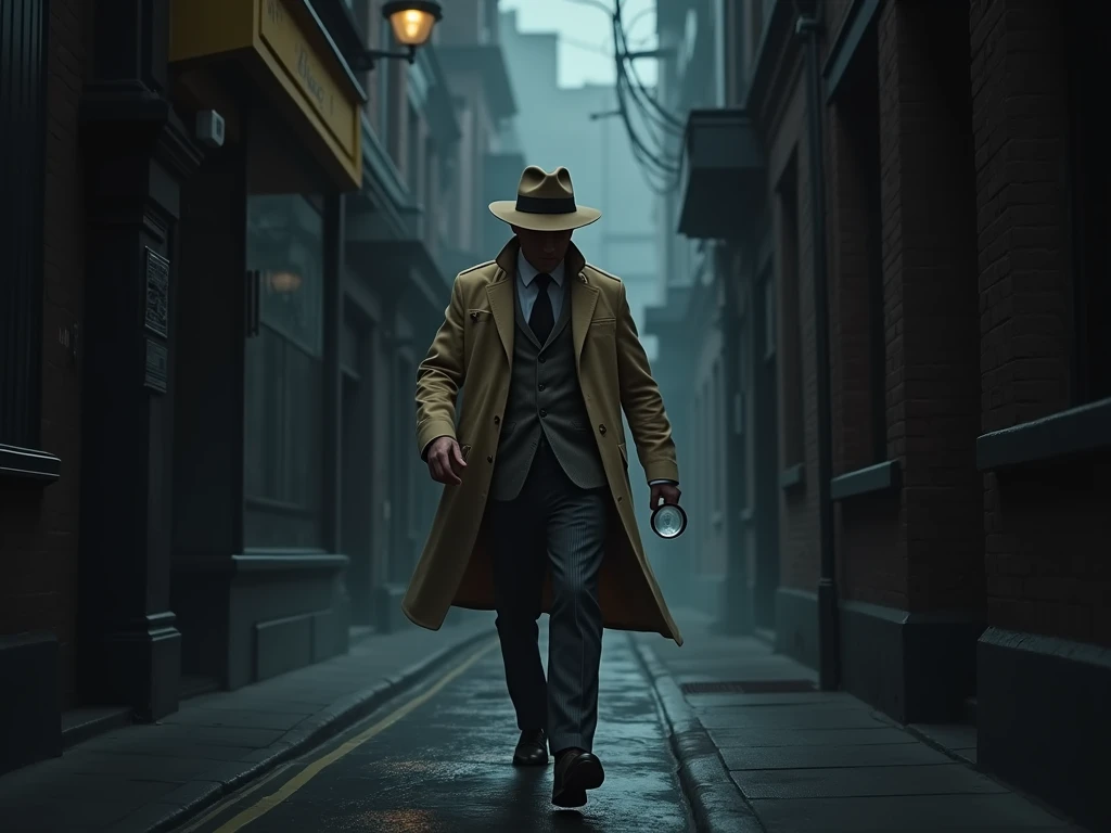 A detective dressed in a cream brown coat and hat with a magnifying ...