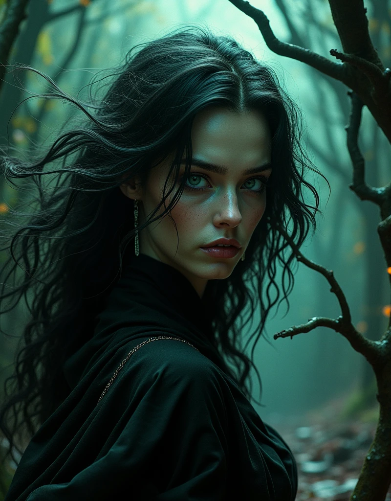 A dark and twisted beauty, dramatic green and purple hues, insane ...