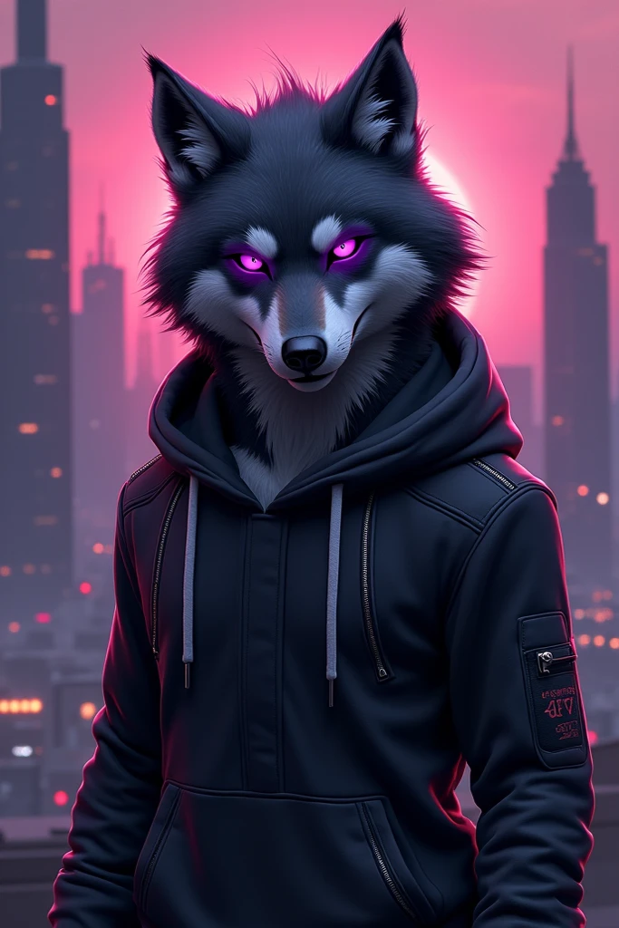Anime wolf with purple eyes and a hoodie standing in front of a city ...