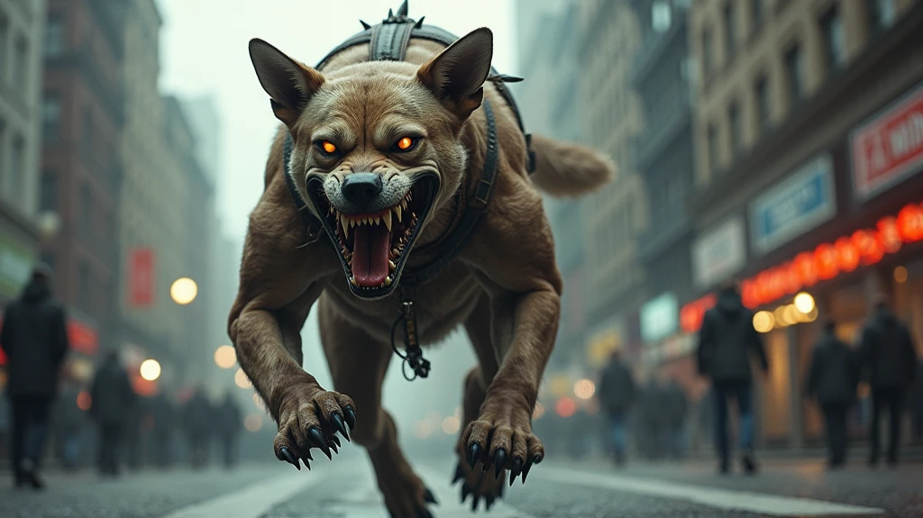 Create a mutant dog in the city carrying a school wallet - SeaArt AI