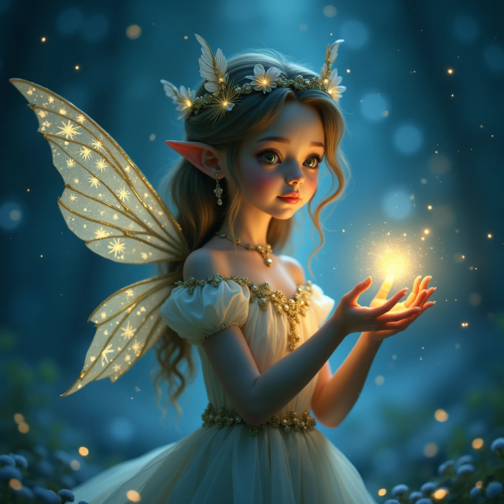 is a fairy fairy with a beautiful face, a glowing key in her hand ...