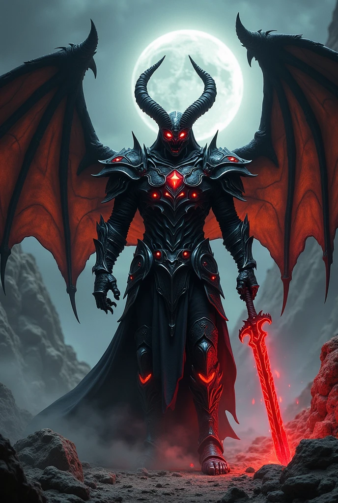 A menacing demon clad in dark, intricately detailed armor, standing in ...