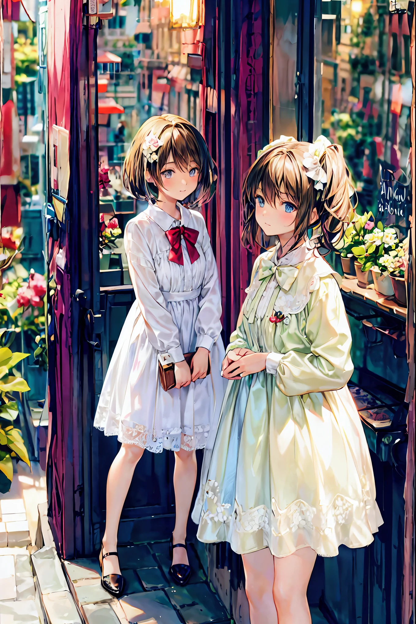 Anime characters in a store window with a woman in a dress - SeaArt AI