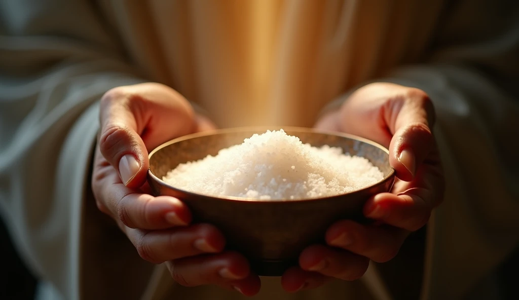 A person holding a bowl of salt, praying with hands raised, as light ...