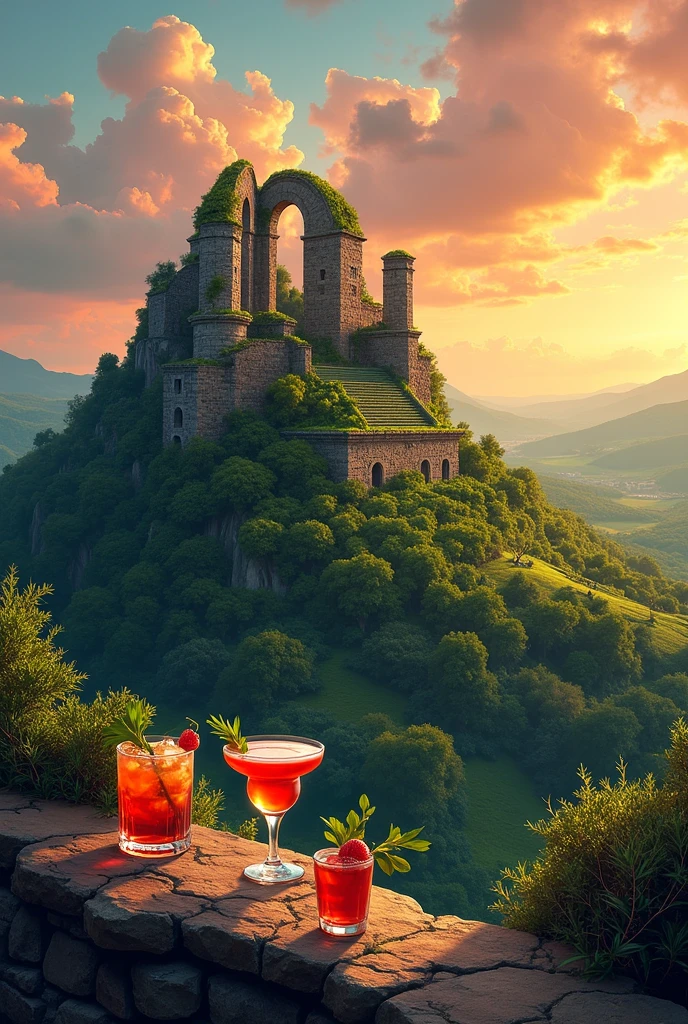 Bar logo with ruins on the hill with some coctails. Bar name is ...