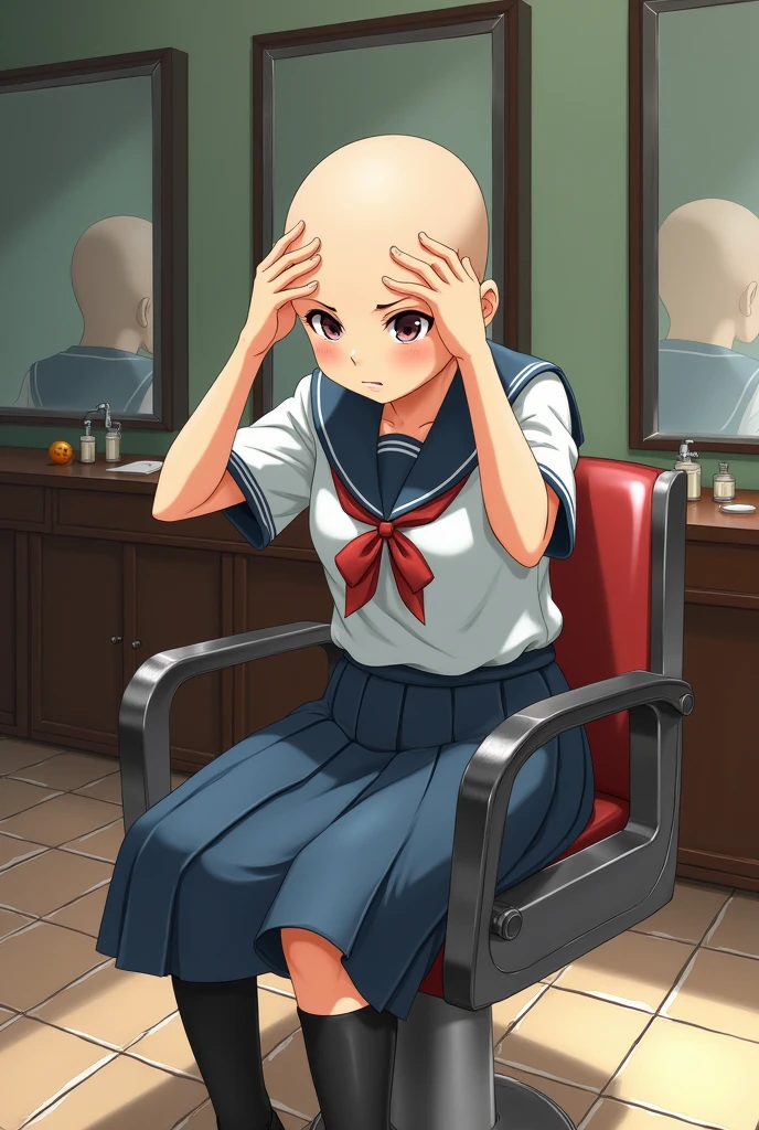 A girl in a Japanese school uniform with her head completely shaved and ...