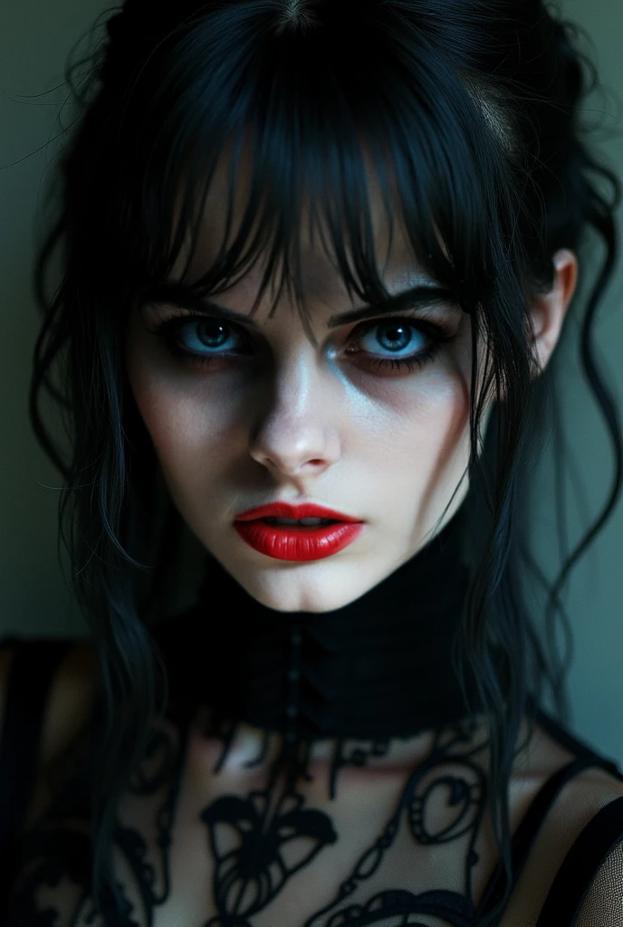 Portrait, Hipper Realistic, Goth Girl, Blue Eyes, Bangs - SeaArt AI