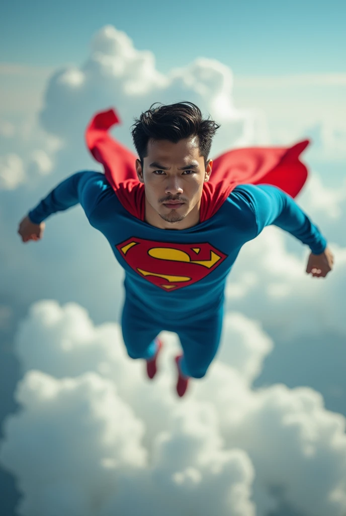 Photo of a young Javanese man flying above the sky wearing superman ...