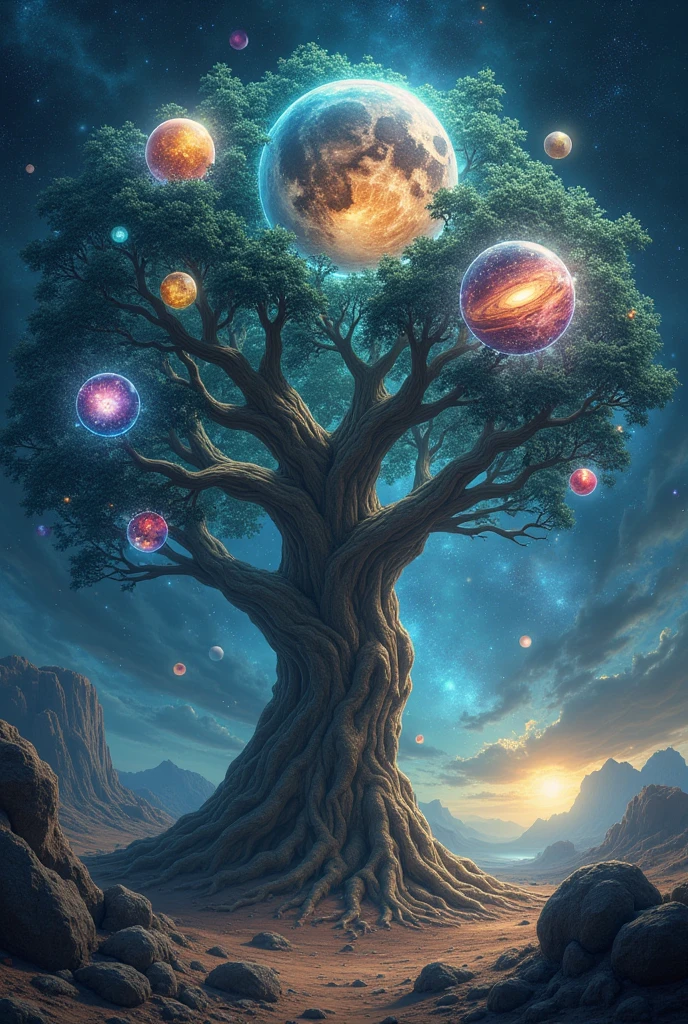 Make a tree that holds planets in its branches, universes and galaxy ...