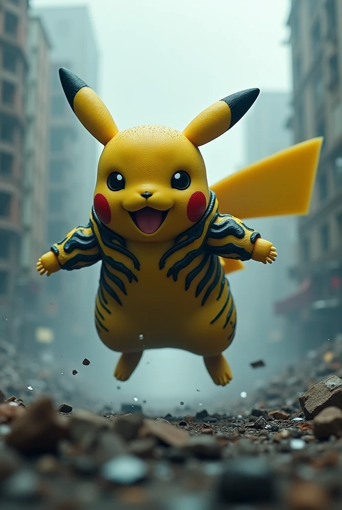 Hybrid pikachu wear venom suit, flying in apocalyptic city, admist ...