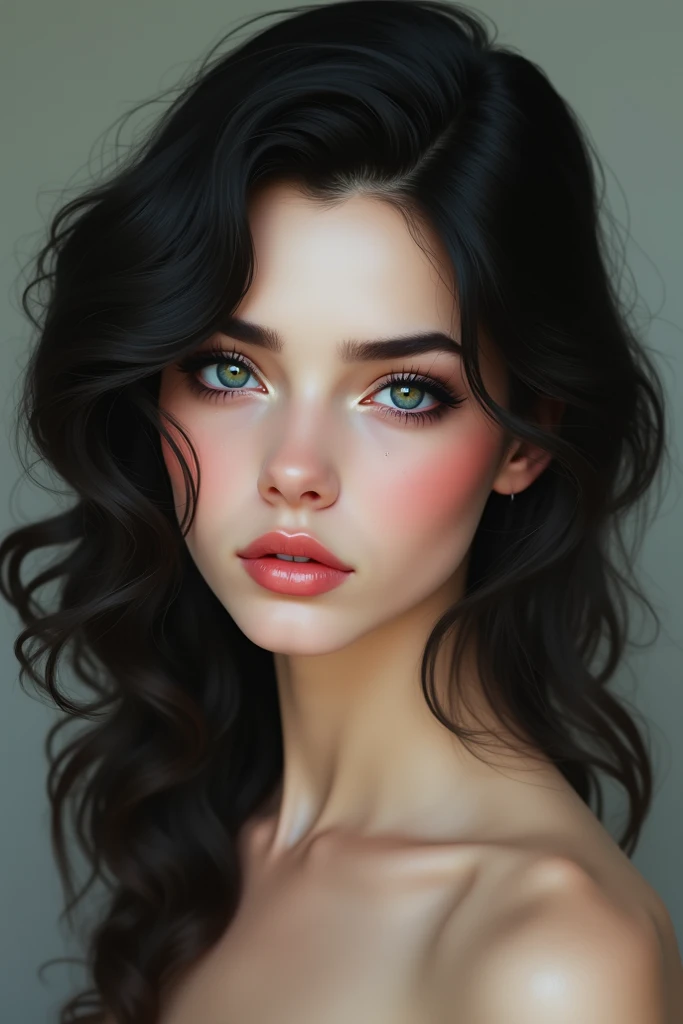 Realistic image of the face of a woman with wavy jet-black hair and ...